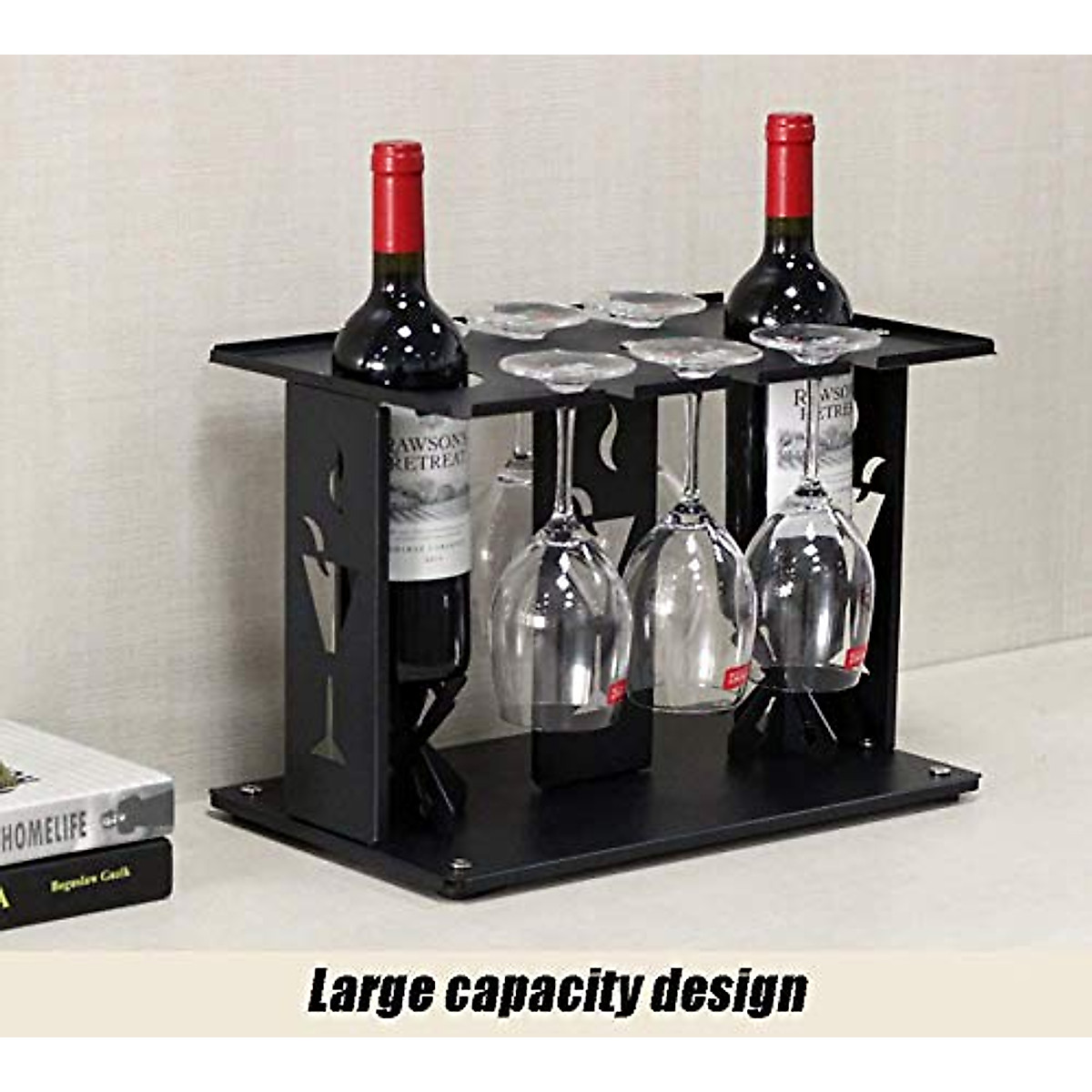 PIBM Stylish Simplicity Wine Shelf Freestanding 2 Bottles of Wine Display Stand, Countertop 6 Wine Glass Hangers