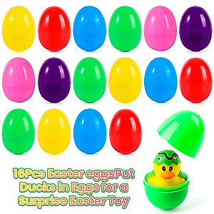 16pcs Prefilled Easter Eggs with Rubber Duck Inside Easter Basket Stuffers Fun Squeeze Duckies Bunny Bathtub Toys for Kids, Party Favors Gift