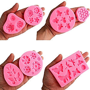 Silicone Mold Flower 8pcs Chocolate Fondant Polymer Clay Candy Gummy Mold,Rose Leaf Butterfly Bee Honey Shaped Silicone Molds for DIY Cake Cupcake Decor Craft