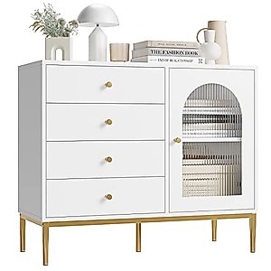 finetones White Dresser, Modern Dresser White and Gold Dresser with Waveform Glass Door and Gold Metal Legs, Gold Dresser Storage Chest of Drawers for Home