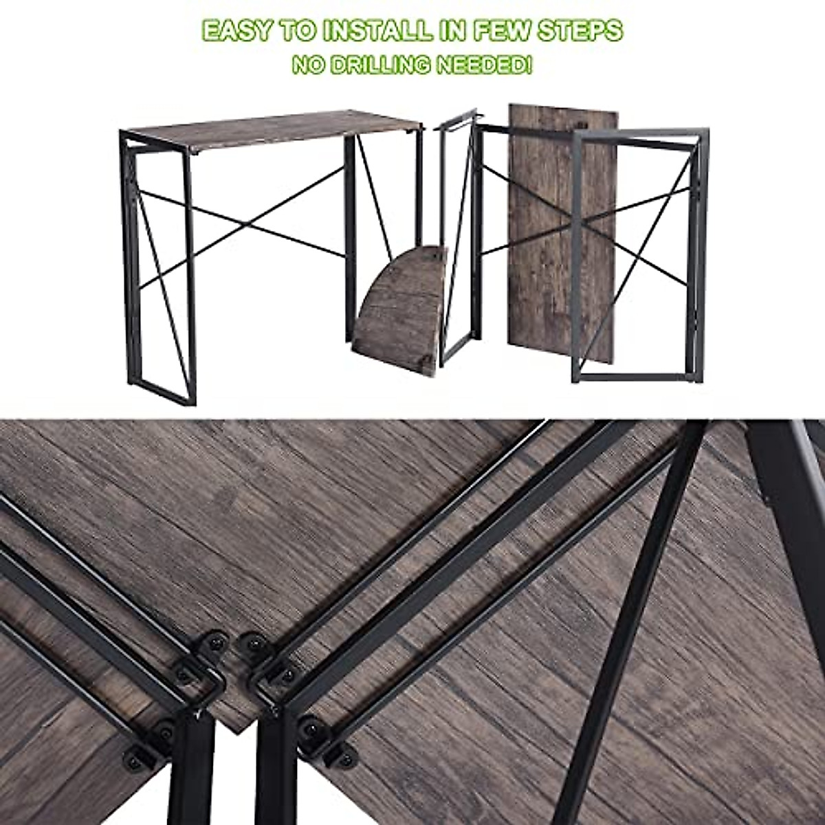 Geniqua 3-Piece L-Shaped Wooden Computer Folding Table Corner Desk Space-Saving Industrial Style PC Laptop Desk for Workstation Home Office