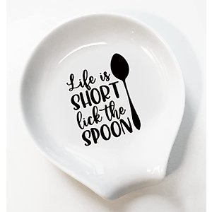 LRUIOMVE Ceramic Coffee Spoon Holder with Funny Quote Life is Short Lick The Spoon Coffee Spoon Rest and Coffee Bar Accessory - Station Decor for Coffee Lovers - Great Gift for Women and Men