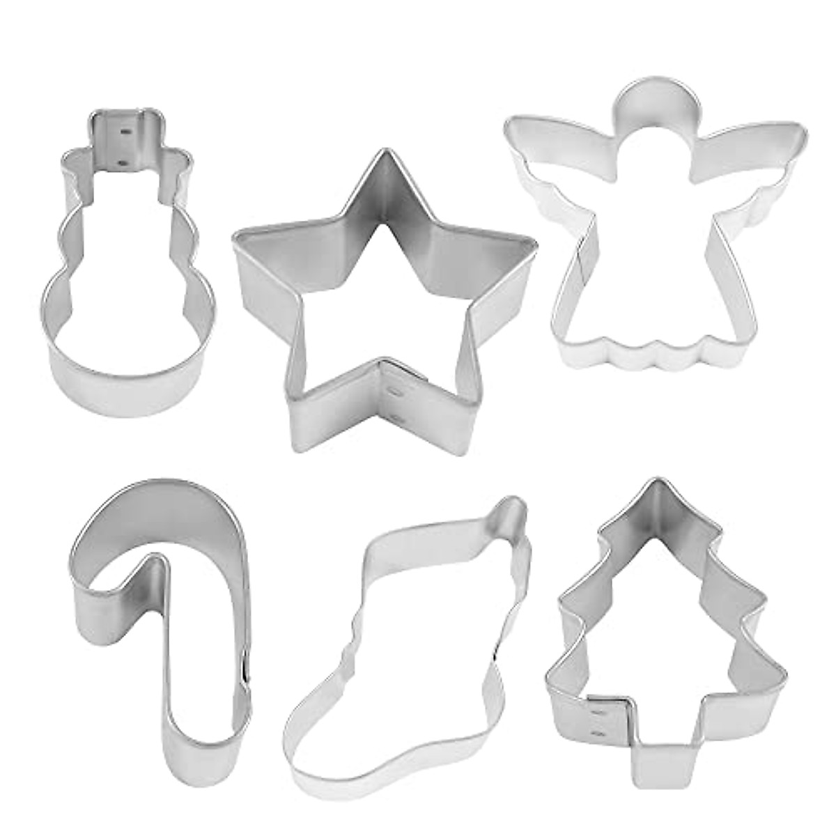 R&M International Mini Christmas Cookie Cutters, Snowman, Stocking, Star, Candy Cane, Tree, Angel, 6-Piece Set