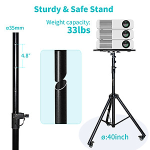 Projector Stand, Sturdy Durable Metal Laptop Tripod Stand with Wheels, Folding Floor Tripod Stand with Tray, Adjustable Height Portable DJ Equipment Stand for Indoors and Outdoors (43 Inch - 73 Inch)