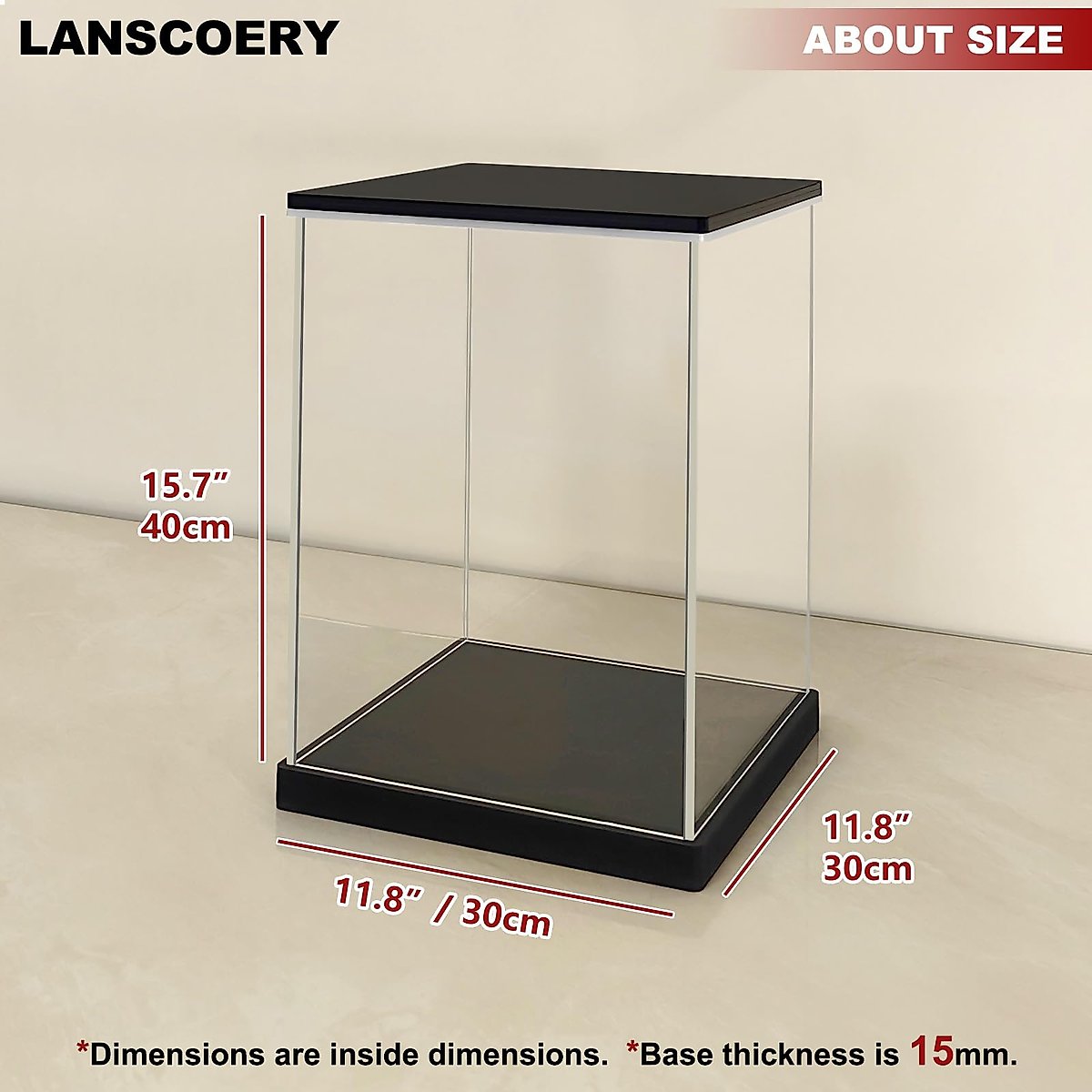 LANSCOERY Clear Acrylic Display Case with LED Light, Large Showcase and Display Box, Dustproof with UV Protection, Perfect for Figures Collectibles - 11.8x11.8x15.7inch