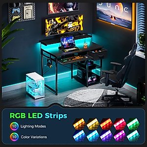 AODK Gaming Desk with LED Lights & Power Outlet, 40 Inch Small Computer Desk with Keyboard Tray, Office Desk with Drawer, Reversible Desk with Adjustable Monitor Shelf and Storage Shelf, Black