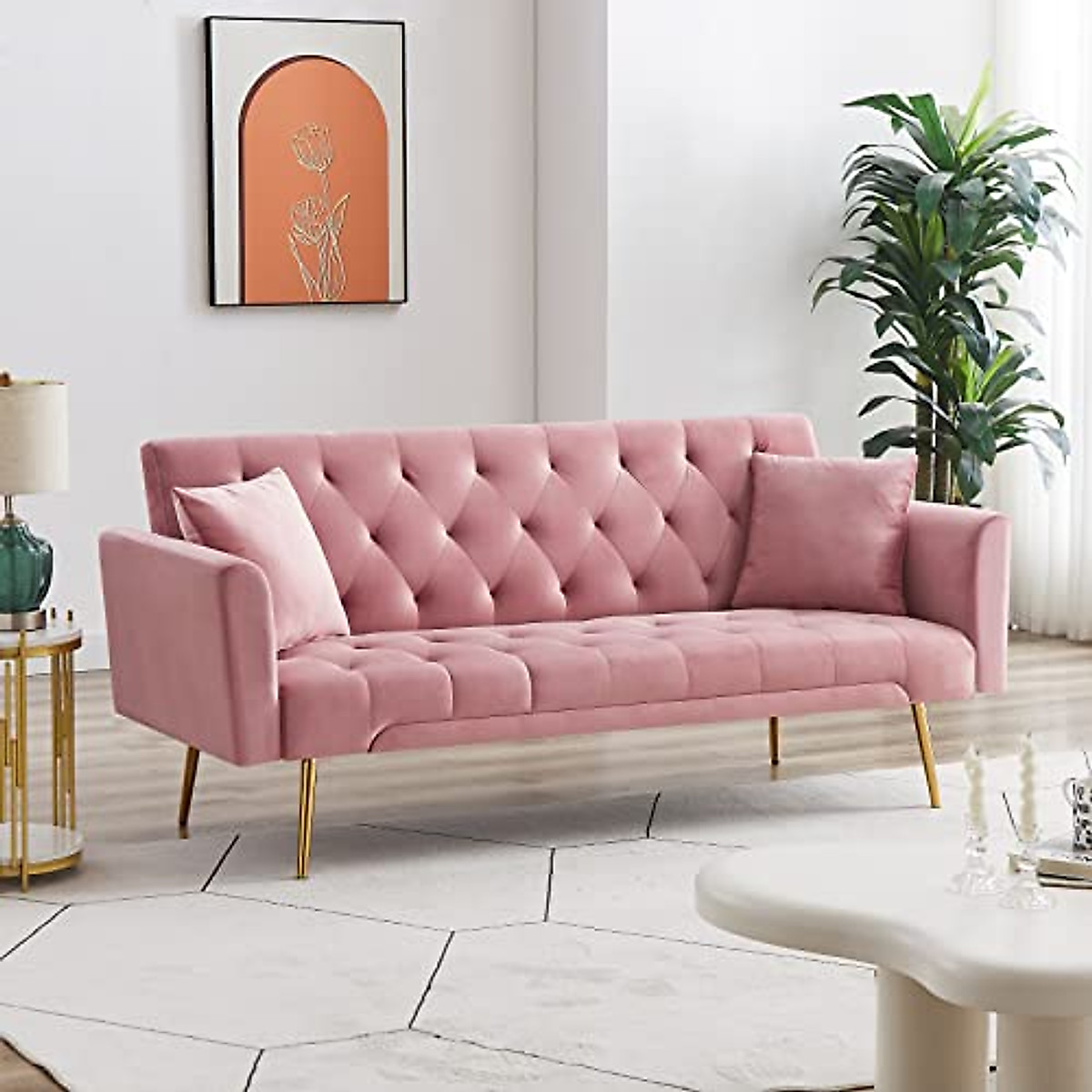 ERYE Futon Sofa Loveseat Convertible Sleeper Couch Bed for Small Space Apartment Office Living Room Furniture Sets Sofabed, Light Pink Velvet 71" W with Pillows