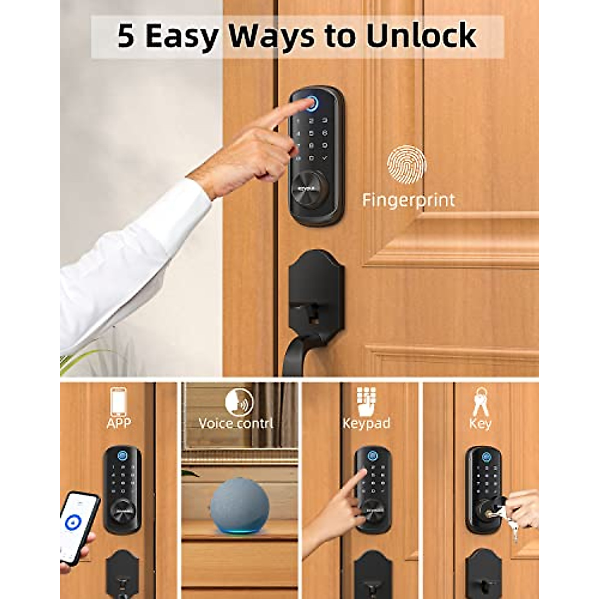 Revolo Fingerprint Smart Lock, 5-in-1 WiFi Door Lock WFP-F, Keyless Entry for Front Door with Remote App Control, 0.3S Unlock, Alexa Google Enable, Built-in Wi-Fi, ANSI Grade 2, IP65 - Black