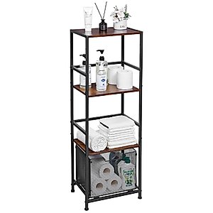 4-Tier Bathroom Storage Shelves, Retro Shelving Unit and Storage Bathroom Rack, Iron Wood Combination Heavy Duty Bathroom Stand with Drawer, Freestanding Tall Shelf for Bathroom, Kitchen, Laundry