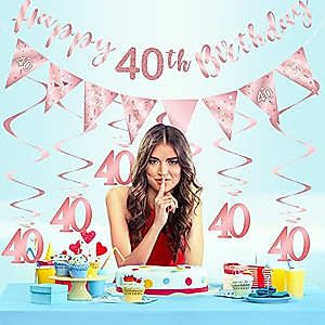 Rose Gold 40th Birthday Decoration for Girls, Happy 40th Birthday Banner Bunting Swirls, Triangle Flag Banner for 40 Birthday Party Decorations Supplies