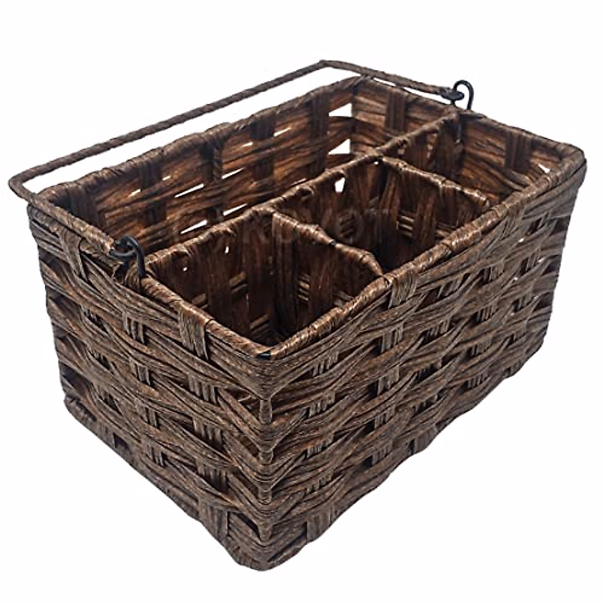 Kovot Poly-Wicker Woven Cutlery Storage Organizer Caddy Tote Bin Basket for Kitchen Table, Cabinet, Pantry, Indoor & Outdoor - Woven Polypropylene | Measures 9.5" x 6.5" x 5" (Dark Brown)