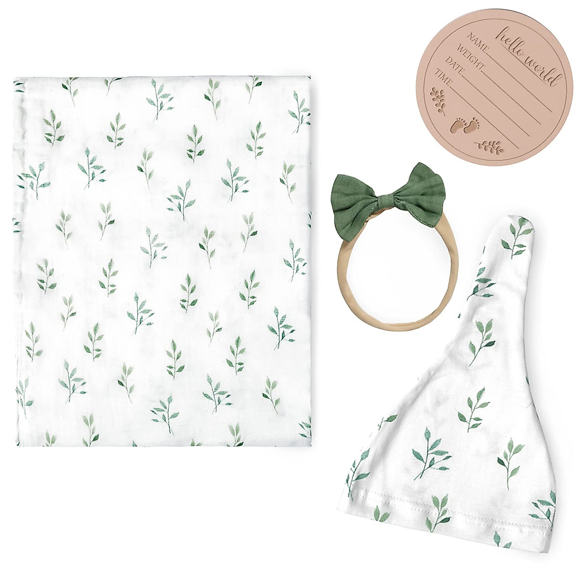 PINNKKU 4-Pcs Organic Cotton Swaddle Set, Baby Muslin Swaddle Blanket, Includes Name Announcement Card, Newborn Swaddle and Hat Set with Matching Bow, Hospital Receiving Blanket, Large 47" x 47”