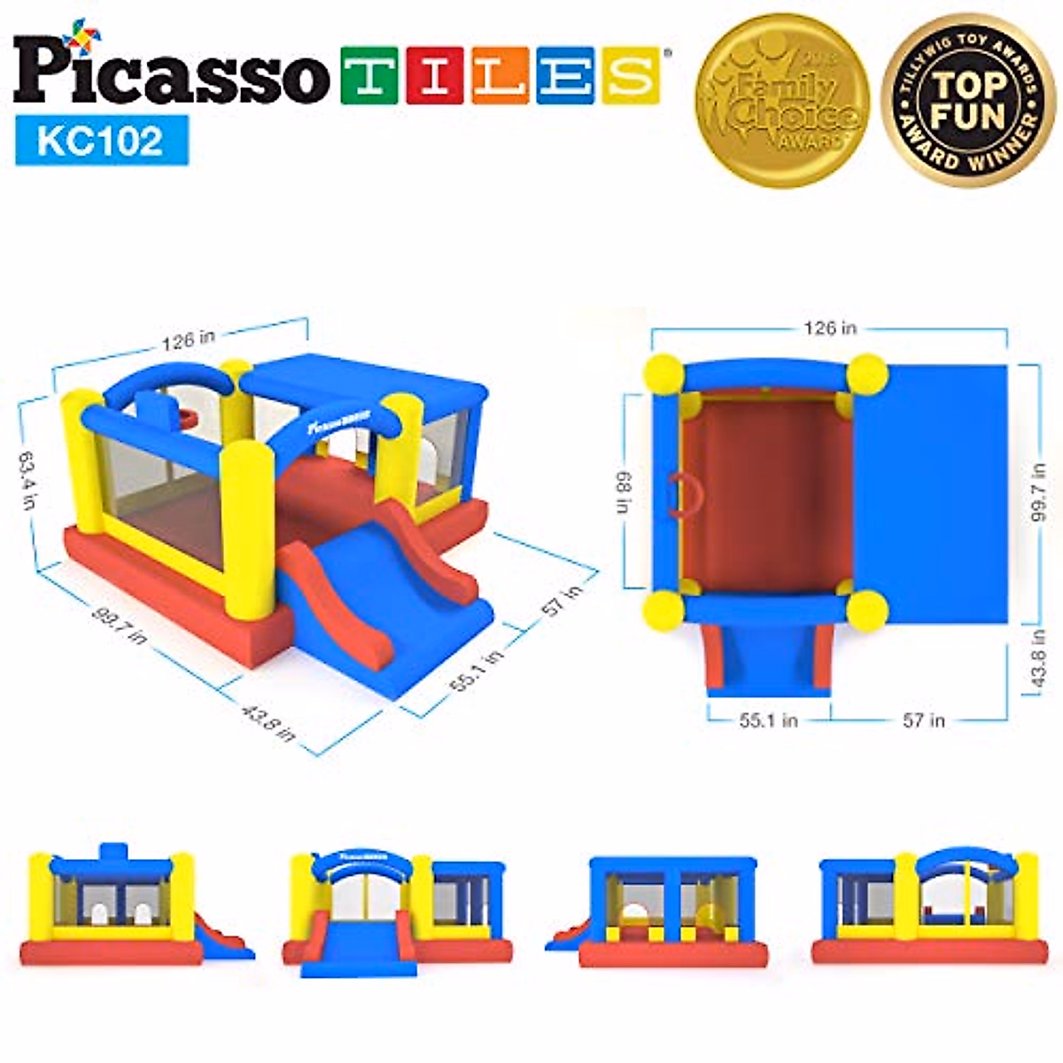 [Upgrade Version] PicassoTiles KC102 12x10 Foot Inflatable Bouncer Jumping Bouncing House, Jump Slide, Dunk Playhouse w/Basketball Rim, 4 Sports Balls, Full-Size Entry, 580W ETL Certified Blower