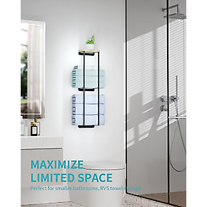 Towel Racks for Bathroom, 2 Tier Wall Towel Holder with Wood Shelf, Metal Wall Mounted Towel Rack Bathroom Organizers and Storage, Black -V1