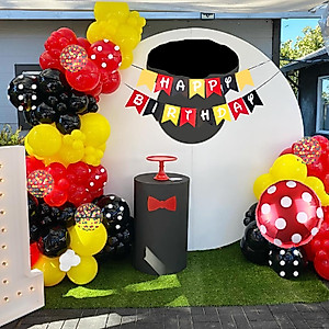 Cartoon Mouse Balloon Garland for Mouse Birthday Decorations - Mouse Balloons Arch with Confetti Polka Dots Balloons Red Black Yellow Balloon Arch Kit & Banners for Mouse Baby Shower Party Supplies
