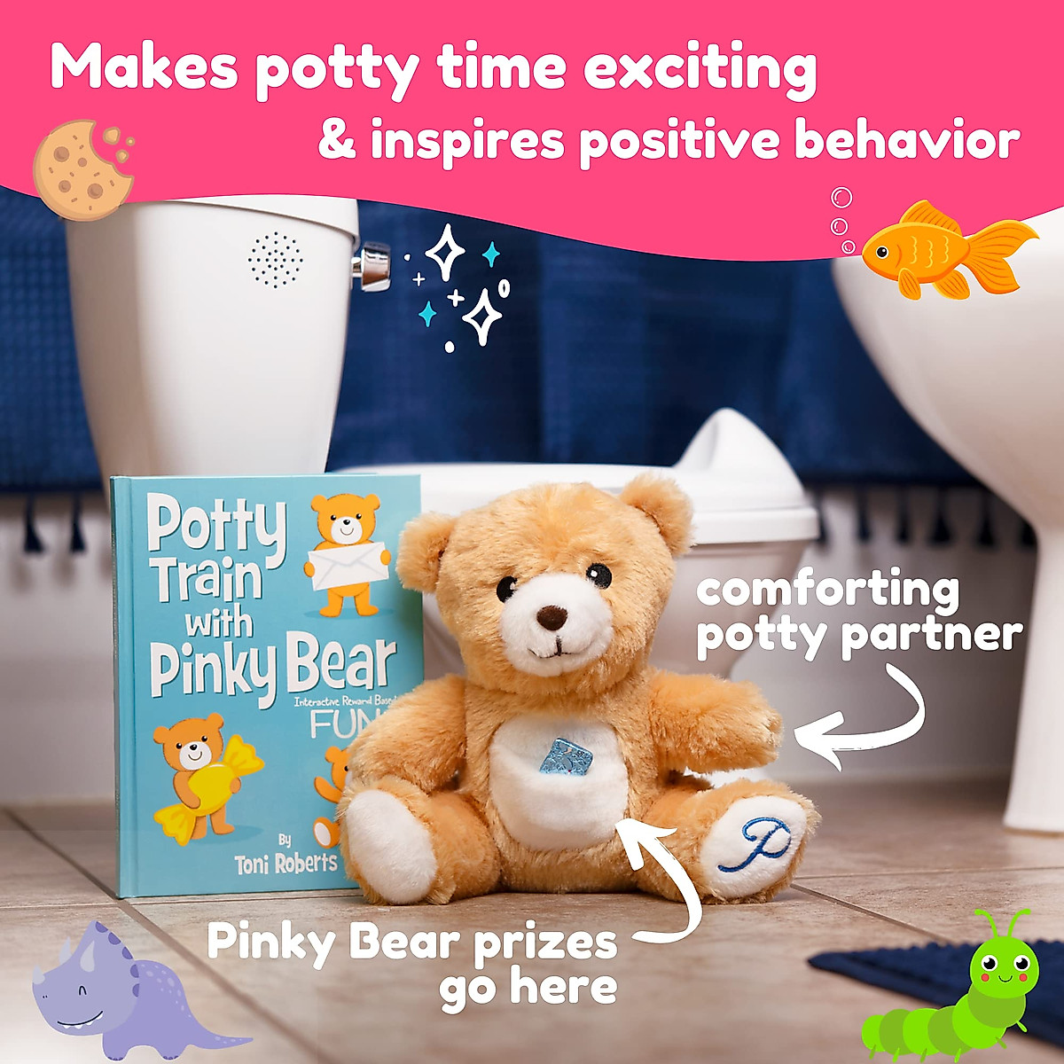 Potty Train with Pinky Bear, Reward Based Potty Training Bear w/Prize Pocket/Pouch & Childrens Board Book, Learning Tool for Toddlers, Boys & Girls - Teaching Potty Chair Fun & Awareness Ages 2-3+