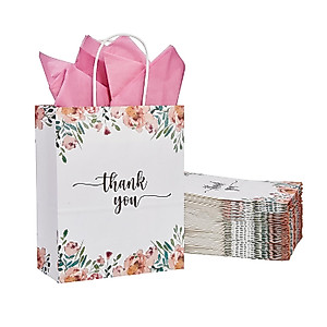 50 Pack Medium White & Spring Floral Thank You Paper Gift Bags with Handles 10 x8 x4 Inches and Pink Tissue Paper for Small Business Wedding Baby Shower Birthday Party Favors Goodies