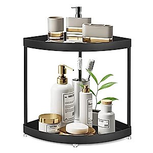 2 Tier Bathroom Countertop Organizer, Corner Storage Shelf Counter Standing Rack Cosmetic Vanity Tray Kitchen Spice Rack, Black