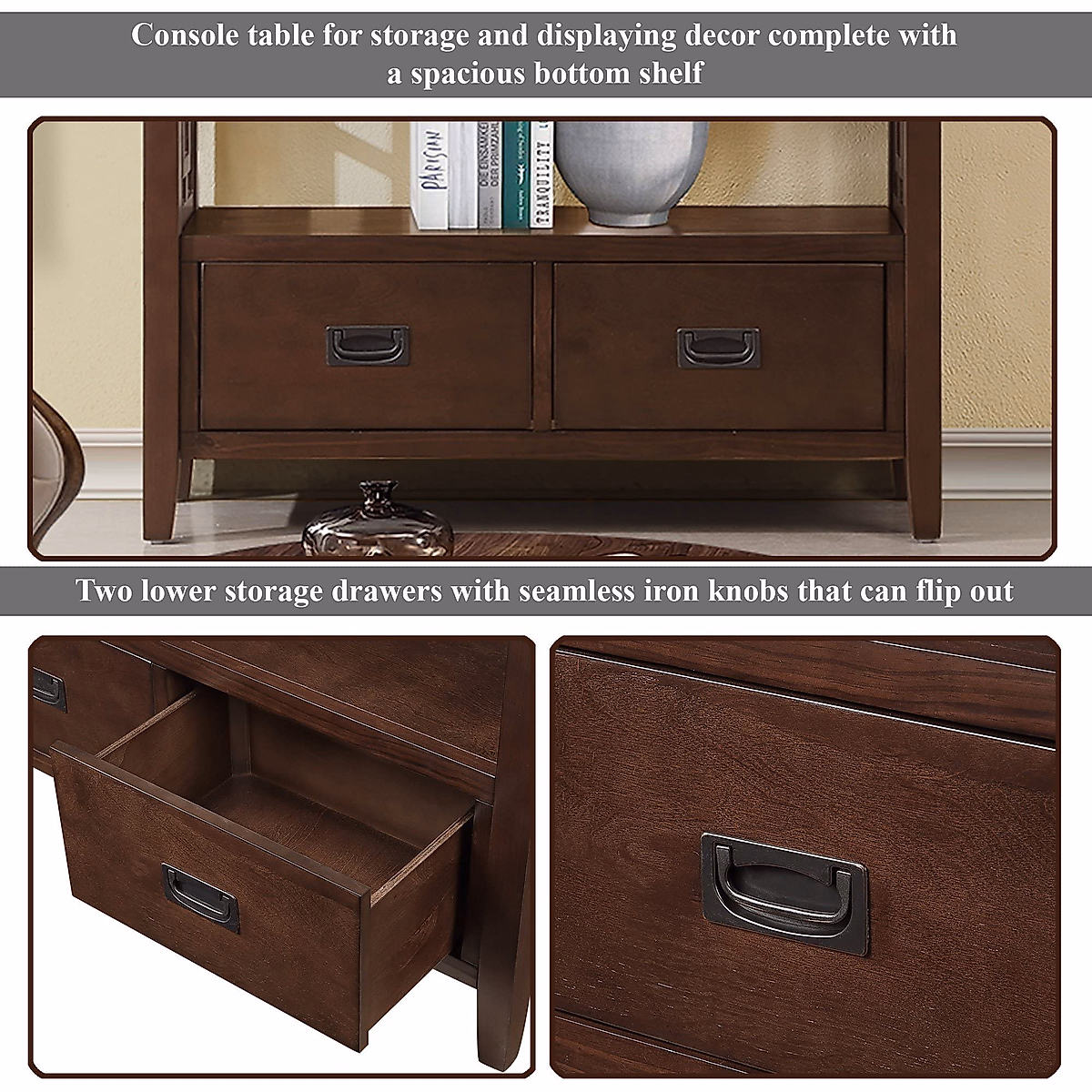 FRITHJILL 36in Wood Console Table, Modern Entry Sofa Table with Drawers and Open Storage Shelf (Espresso)