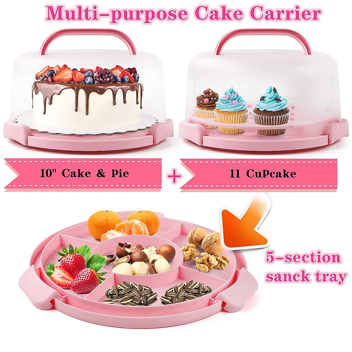 HOYA PONYOO Portable Cake Carrier with Handle, Round Cupcake Holder with Lid, Plastic Storage Container Box fit 10 inch Cake, 3-Locking Muffin and Pies Keeper with Cover (Pink)