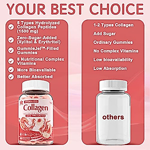Sugar-Free Hydrolyzed Collagen Peptide Filled Gummies,Extra Strength 1500mg Protein Type I,II,III,V,X with 5000mcg Biotin Vitamin C A E D3 B6 B12 for Immune Digestion Skin Hair Nails Energy Bone Joint