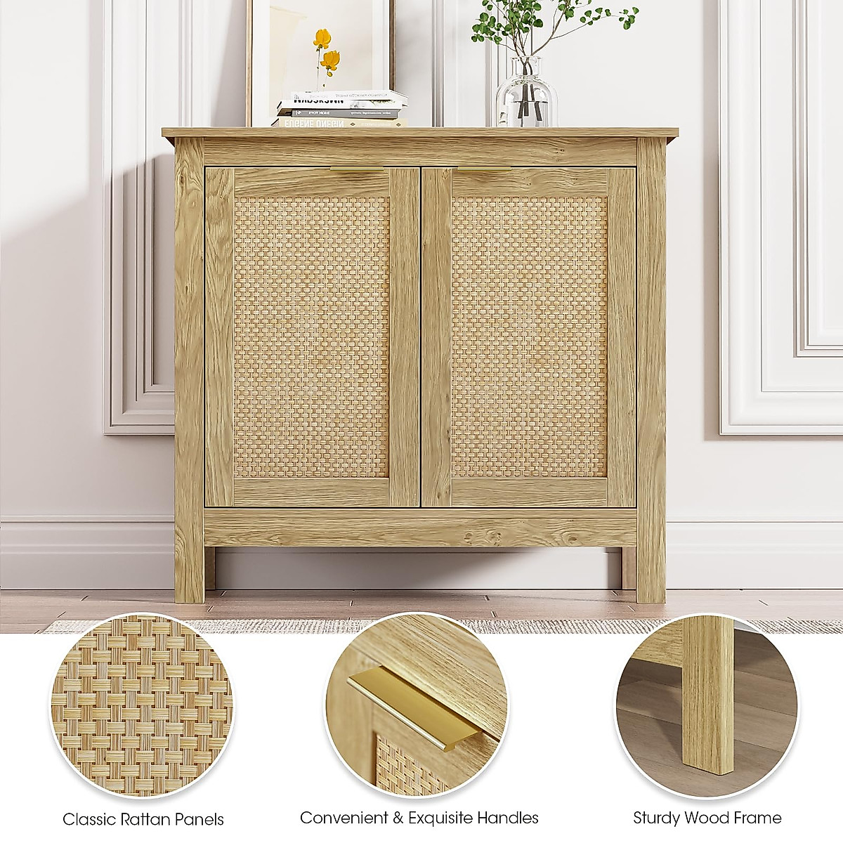 Giluta Sideboard Buffet Cabinet, Farmhouse Kitchen Cabinets with 2 Rattan Doors, 30''H Boho Cabinet for Entryway