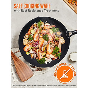 BrBrGo Carbon Steel Wok Pan, 5 Piece Authentic Chinese Wok & Stir-Fry Pans Set with Wooden Lid, No Chemical Coated Flat Bottom Chinese Woks Pan for All Stoves-13“