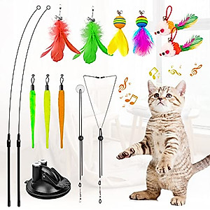 HOSFROLL Cat Toys Wand, Interactive Cat Toy with Super Suction Cup Sticky Detachable 12 PCS Feather Replacements 2 Wands Cat Spring Feather Toys for Indoor Cats Kitten Toys (9 Toys Double Headed)