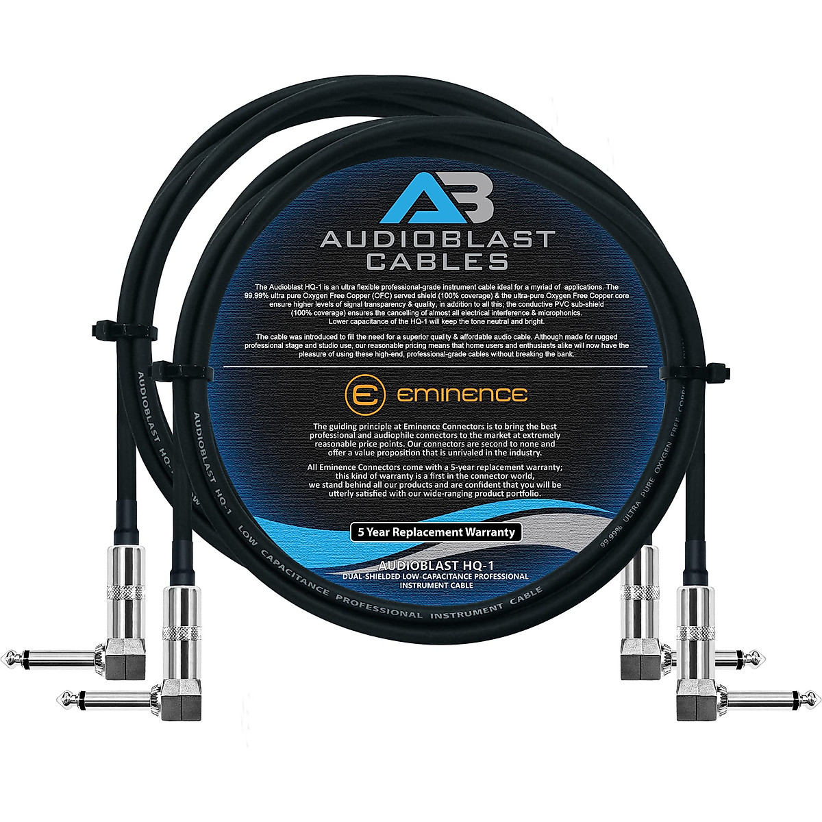 Audioblast - 2 Units - 5 Foot - HQ-1 - Ultra Flexible - Dual Shielded (100%) - Guitar Instrument Effects Pedal Patch Cable w/Eminence Right-Angled ¼ inch (6.35mm) TS Plugs & Double Staggered Boots