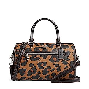 COACH Rowan Satchel In Leather, Leopard/Light Saddle