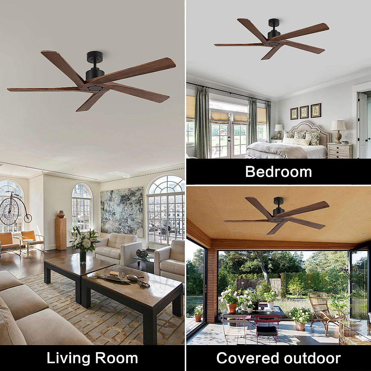 WINGBO 64 Inch DC Ceiling Fan without Lights, 5 Reversible Carved Solid Wood Blades, 6-Speed Noiseless DC Motor, Ceiling Fan No Light with Remote, Matte Black Finish with Walnut Blades, ETL Listed