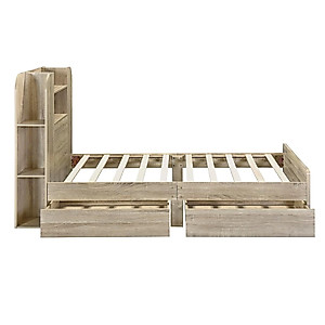 HoRunzelin Twin Size Platform Bed with Storage Bookcase Headboard,2 Drawers and LED Light,Wooden Bed Frame with Bookshelf Shelves for Kids Boys Girls, Natural