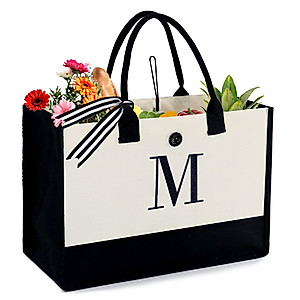 BeeGreen Birthday Gifts for Women 13oz Canvas Tote Bag For Women Who Have Everything Embroidery Unique Gifts For Teacher Gifts For Mom Monogram Beach Tote for Friends Sister Her Girls M