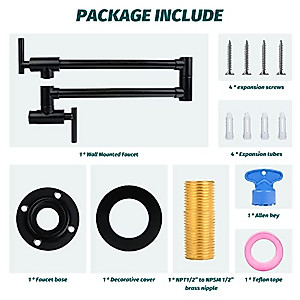 Pot Filler Faucet, Solid Brass Commercial Pot Filler Wall Mount Kitchen Stove Faucet Folding Restaurant Sink Faucet with Joint Swing Arm & Handles (Black)