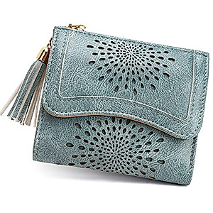 APHISON Small Wallet for Women, Sunflower RFID Slim Womens Wallet Leather Cute Wallets Compact Bifold Teen Girls Zipper Tassel Coin Purse ID Card Holder Blue