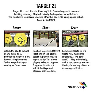 3DWorxs Target-21 Magnetic Hockey Shooting Targets, Numbered 9/7/5, Fun Skills Game, Durable Material, Attached Tethers, Draw-String Pouch, Orange, Yellow, Competition, Team Bundles