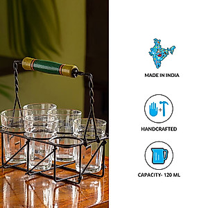 ExclusiveLane 'The Railway Nostalgia' Tea Glasses with Iron Holder (Set of 6, 120ml) - Cutting Chai Glasses with Stand Indian Style Tea Glass Tea Cup Handpainted Iron Carrier Stand Organizer