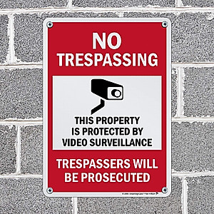 SmartSign 14 x 10 inch “No Trespassing - Property Protected by Surveillance, Trespassers Prosecuted” Metal Sign, 40 mil Aluminum, Engineer Grade Reflective Material, Red, Black and White