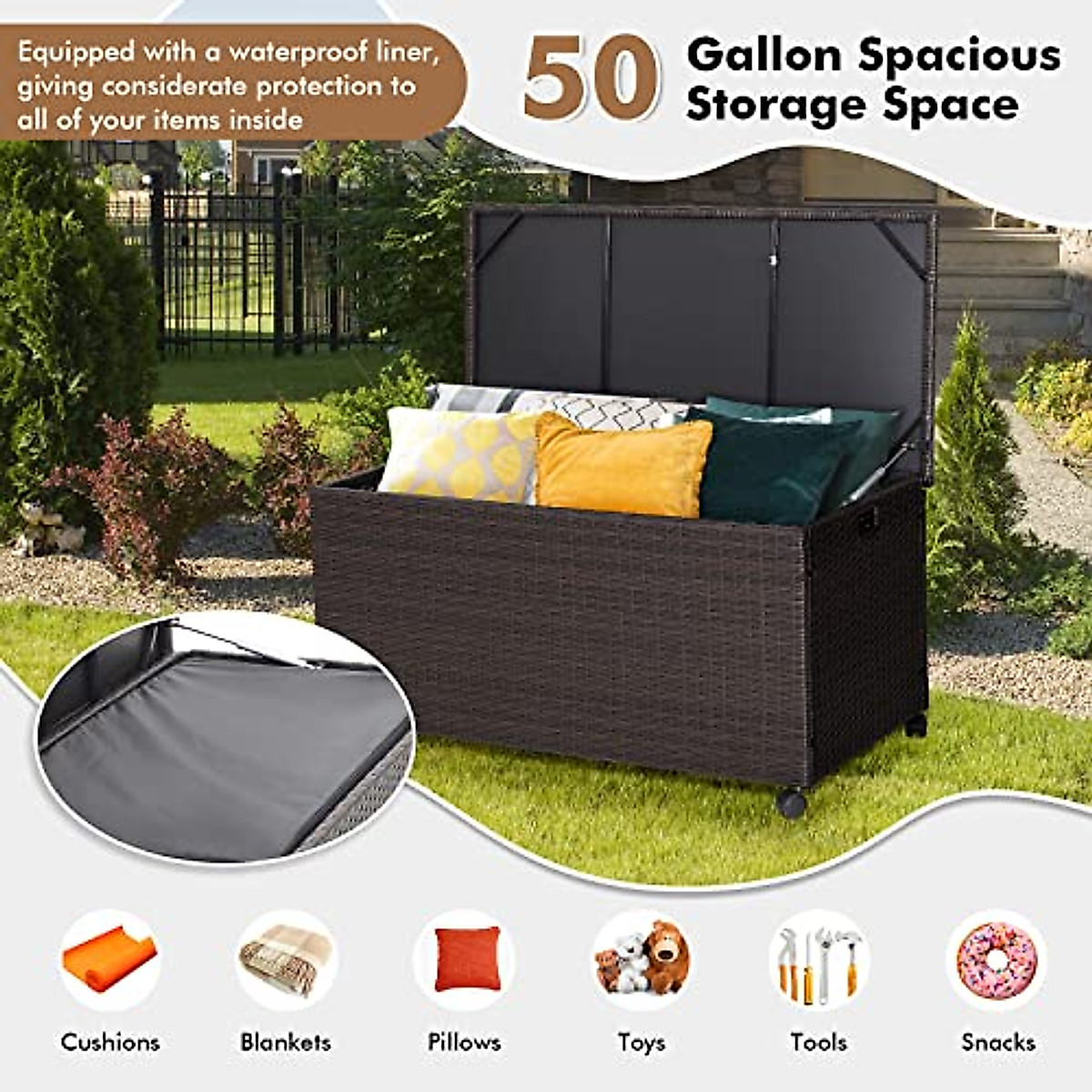 Tangkula 50 Gallon Wicker Deck Storage Box, Patio Rattan Storage Container with 2 Universal Wheels, Safety Pneumatic Rod, Zippered Liner, Sturdy Steel Frame, Ideal for Backyard, Poolside (Mix Brown)
