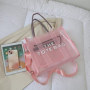JQAliMOVV Clear Tote Bag for Women - Large PVC Transparent the Tote Bag See Through Shoulder Crossbody Bag Handbag for Travel Beach (Pink)
