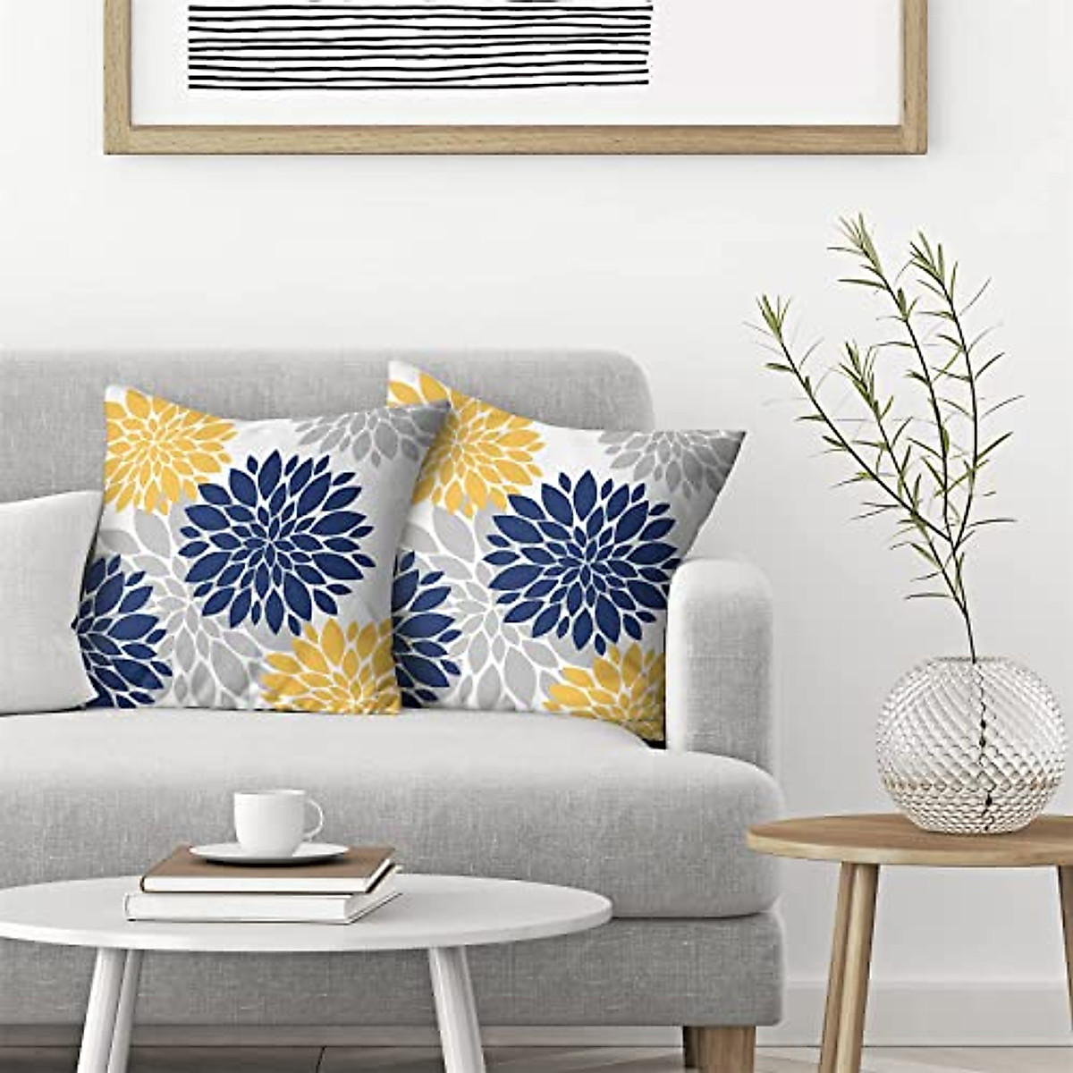 Navy Blue Yellow Pillow Covers 20x20 Inch 2 Pcs, Spring Summer Geometric Elegant Dahlia Decorative Throw Pillows, Flower Outdoor Decor Pillowcase Linen Square Cushion Cover Gift for Patio Couch Sofa