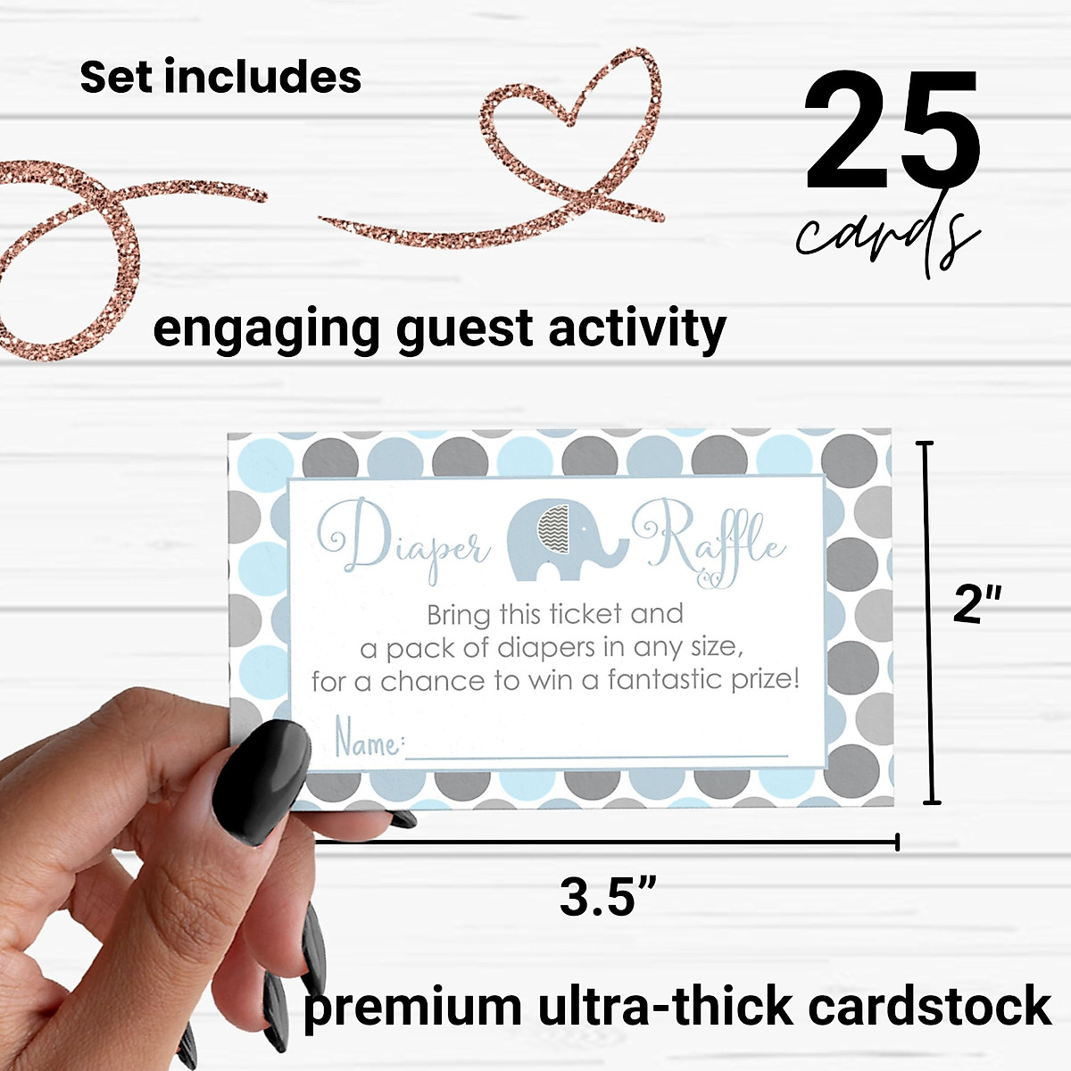 Blue Elephant Diaper Raffle Tickets, Boys Baby Shower Games for Prizes, Baby Shower Diaper Raffle Invitation Insert Cards, 25 Pack