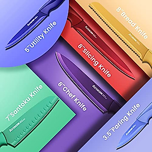 Astercook Knife Set, 12 Pcs Color-Coded Kitchen Knife Set, 6 Color Anti-Rust Coating Stainless Steel Kitchen Knives with 6 Blade Guards, Dishwasher Safe