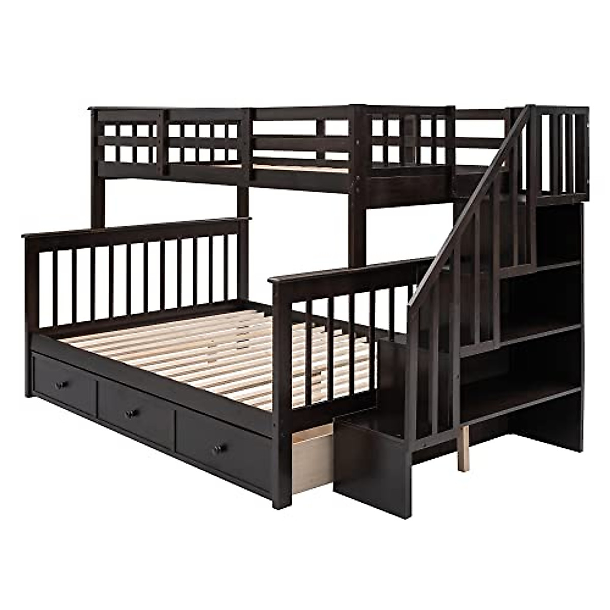 TARTOP Twin Over Full Bunk Bed with Drawer, Wood Bedfram w/Storage Stairway and Guard Rail for Bedroom, Dorm, Adults, No Box Spring Needed,Espresso