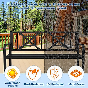 Maemttes Black Outdoor Bench, Metal Weatherproof Garden Bench Cast Iron Heavy-Duty Patio Bench with Decorative Backrest for Proch Park 880lb Capacity