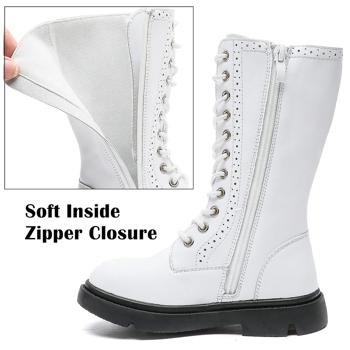 DADAWEN Boys Girls Leather Lace-Up Waterproof Side Zipper Mid Calf Combat Riding Winter Boots (Toddler/Little Kid/Big Kid) White US Size 2 M Little Kid