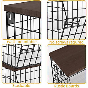 2pcs Fruit Basket Onion Storage Wire Baskets with Wood Lid, Multifunctional Stackable Wall-mounted & Countertop Tiered Kitchen Counter Organizer for Snack,Produce,Onion and Potato Storage Bins