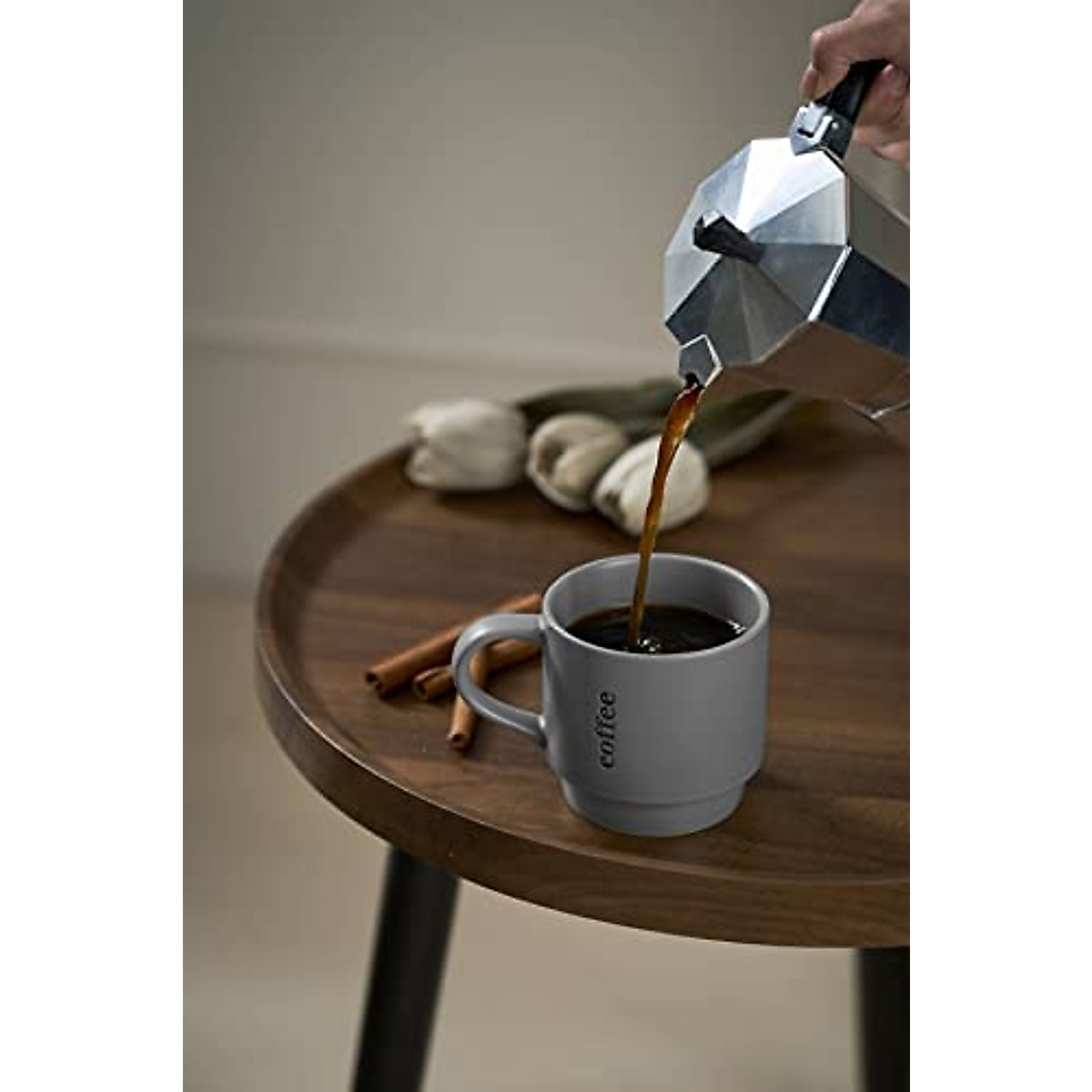 LAUCHUH Stackable Coffee Mug Set with Rack - 15 Ounce Porcelain Coffee Mugs for Coffee, Tea, Cocoa, Milk, Set of 4, Grey