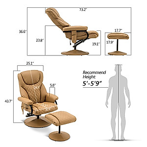 MCombo Recliner with Ottoman, Reclining Chair with Massage, 360 Swivel Living Room Chair Faux Leather, 4901 (Cognac)