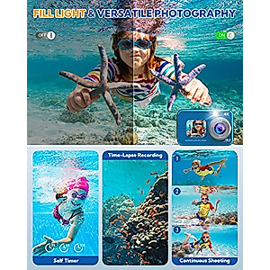 Underwater Camera, 4K 48MP Autofocus Waterproof Digital Camera with Selfie HD Dual Screens, 11FT 16X Digital Zoom Waterproof Camera with 64GB Card, Fill Light Underwater Camera for Snorkeling